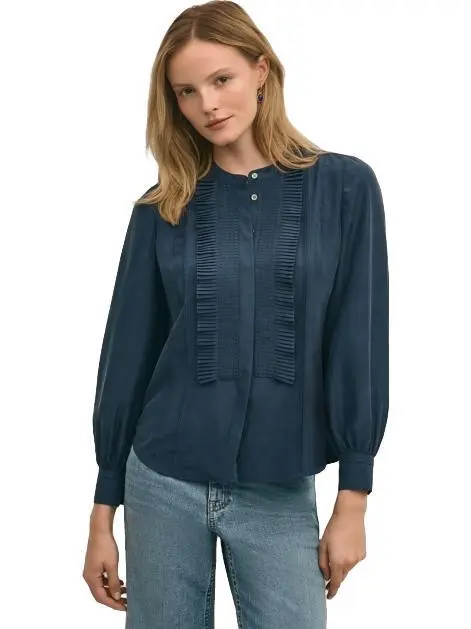 Brooks Brothers Silk Habotai Pintucked Blouse - Navy