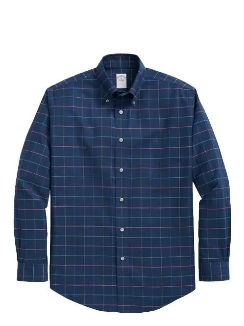 Brooks Brothers Stretch Cotton Non-iron Oxford Polo Button Down Collar Multi Windowpane Shirt - Navy