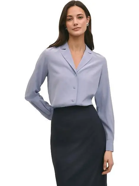 Brooks Brothers Silk Crepe Notch-collar Blouse - Blue