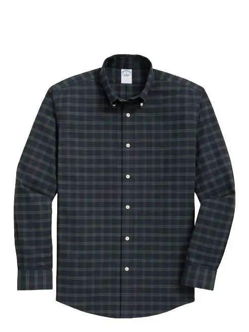 Brooks Brothers Stretch Non-iron Oxford Button-down Collar, Black Watch Shirt - Navy