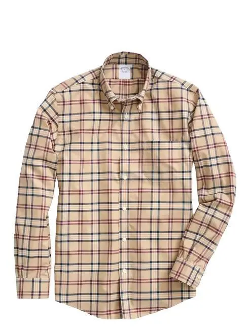 Brooks Brothers Stretch Supima Cotton Non-iron Twill Polo Button Down Collar, Tartan Shirt - Khaki