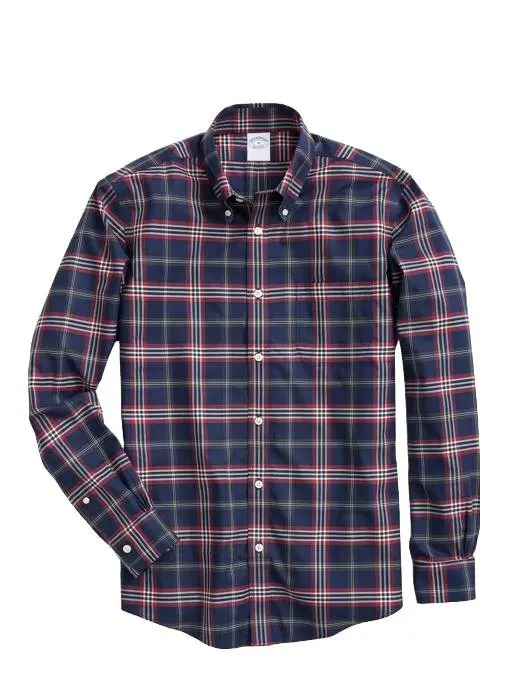 Brooks Brothers Stretch Supima Cotton Non-iron Twill Polo Button Down Collar, Tartan Shirt - Navy
