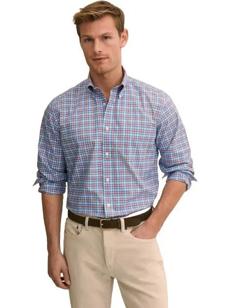 Brooks Brothers Stretch Supima Cotton Non-iron Broadcloth Polo Button-down Collar, Check Sport Shirt - Blue