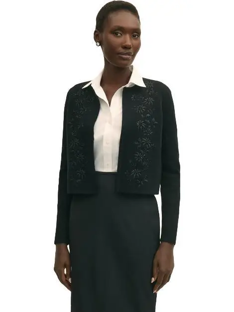 Brooks Brothers Merino Wool-cotton Blend Floral Embellished Cardigan - Black
