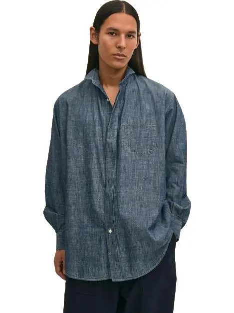 Brooks Brothers X Engineered Garts Cotton Chambray Wing Collar Overd Dress Shirt - Blue