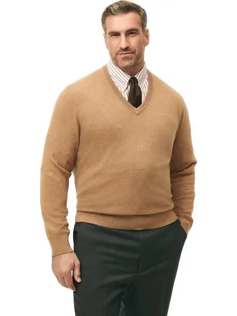 Brooks Brothers Big & Tall 3-ply Cashmere V-neck Sweater - Brown