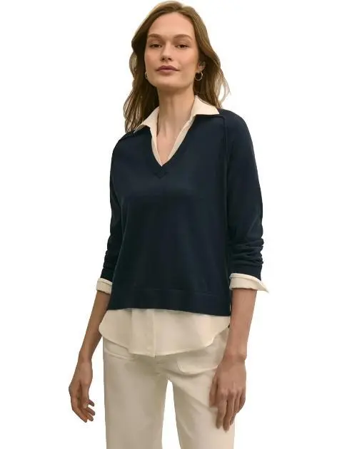 Brooks Brothers Supima Cotton Layered Sweater-shirt With Georgette Collar - Navy