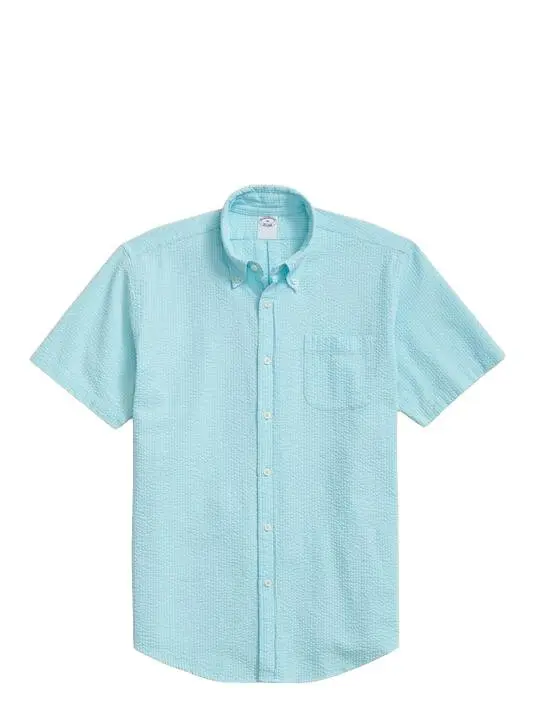 Brooks Brothers Stretch Cotton Seersucker Button-down Collar Short-sleeve Sport Shirt - Blue