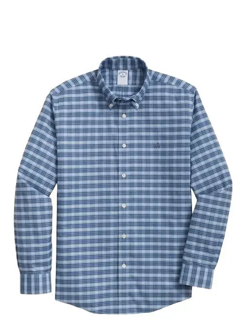 Brooks Brothers Stretch Non-iron Oxford Button-down Collar, Tartan Sport Shirt - Hydrangea