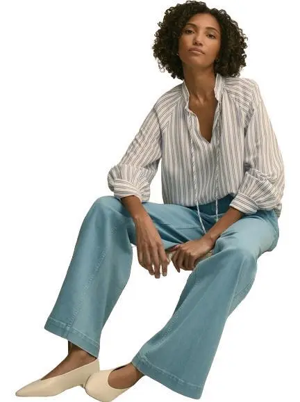 Brooks Brothers Relaxed Tie-neck Stripe Peasant Blouse - Blue