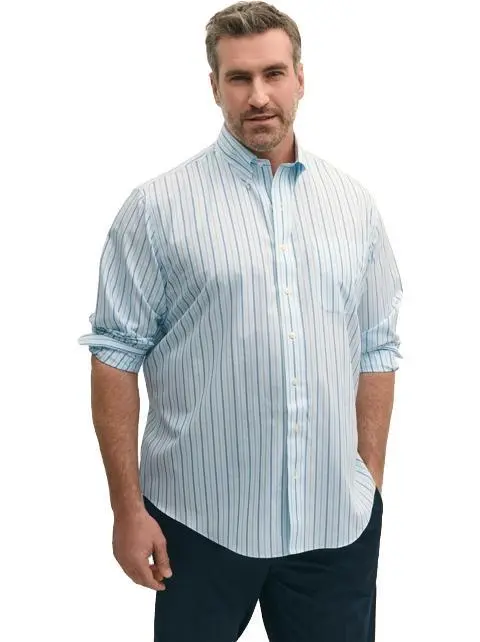 Brooks Brothers Big & Tall Stretch Cotton Non-iron Polo Button Down Collar, Alternating Stripe Shirt - Turquoise