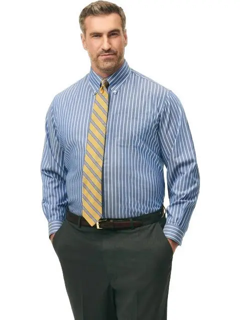 Brooks Brothers Big & Tall Stretch Supima Cotton Non-iron Twill Polo Button Down Collar, Ground Stripe Dress Shirt - Navy