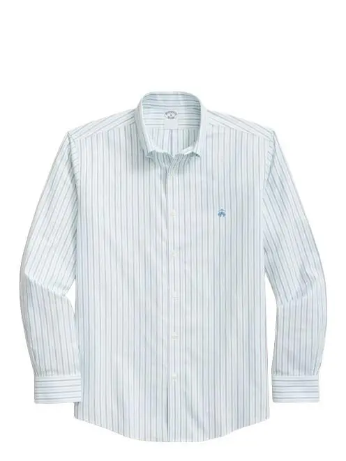 Brooks Brothers Stretch Cotton Non-iron Oxford Polo Button-down Collar, Alternating Stripe Shirt - Green