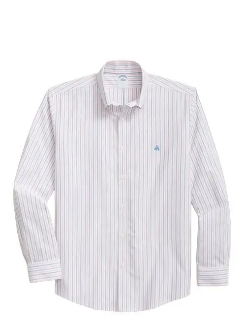 Brooks Brothers Stretch Cotton Non-iron Oxford Polo Button-down Collar, Alternating Stripe Shirt - Pink