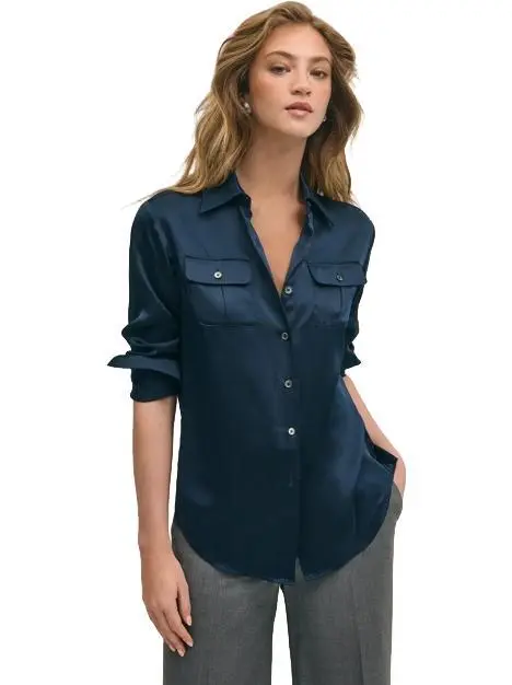 Brooks Brothers Relaxed Utility Blouse In Washable Silk - Navy