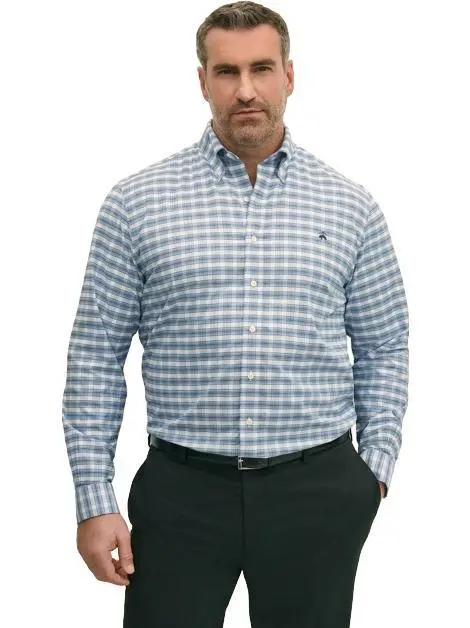Brooks Brothers Big & Tall Stretch Cotton Non-iron Oxford Polo Button Down Collar, Outline Check Shirt - Hydrangea