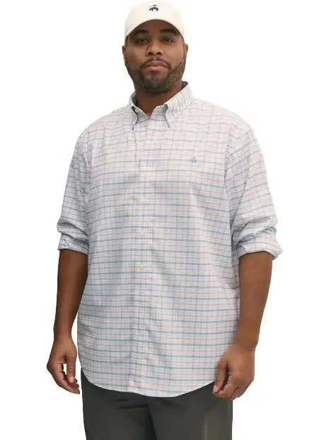 Brooks Brothers Big & Tall Stretch Cotton Non-iron Oxford Polo Button Down Collar, Multi Check Shirt - Hydrangea