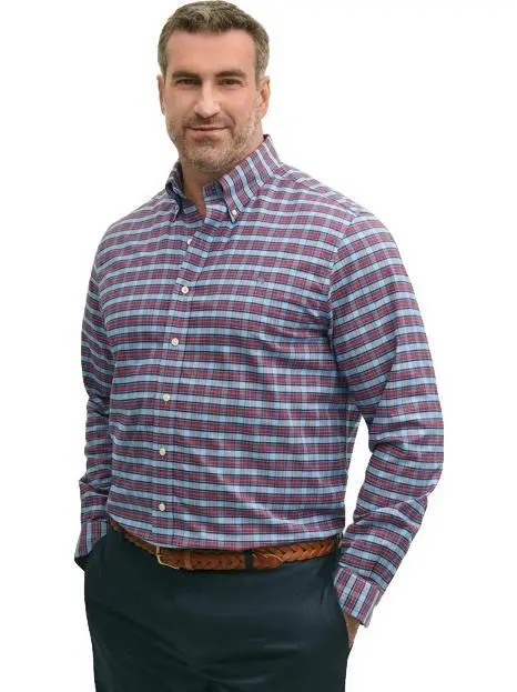 Brooks Brothers Big & Tall Stretch Cotton Non-iron Oxford Polo Button Down Collar, Royal Stewart Tartan Shirt - Hydrangea