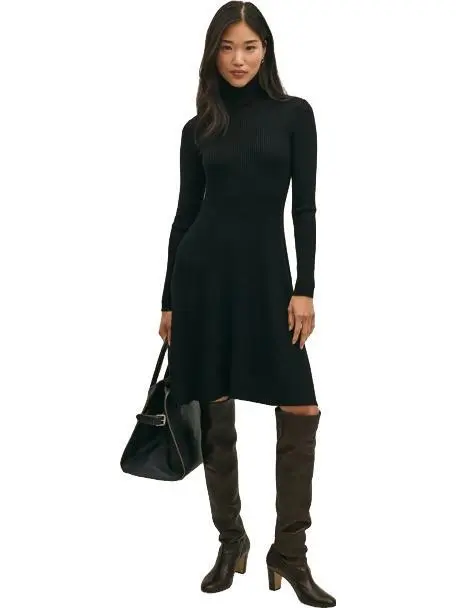 Brooks Brothers Merino Wool Turtleneck Ribbed Sweater Dress - Black