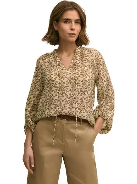 Brooks Brothers Crinkle Texture Floral Popover Blouse - Tan/olive
