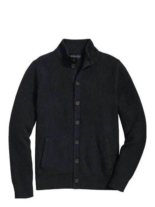 Brooks Brothers Supima Cotton Ribbed Mock Neck Cardigan - Navy