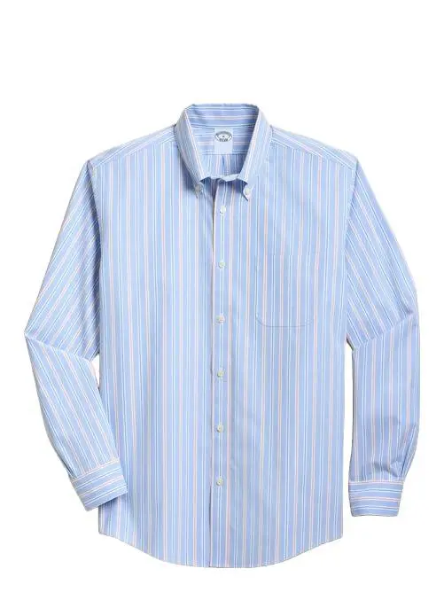 Brooks Brothers Stretch Cotton Non-iron Broadcloth Polo Button-down Collar, Stripe Sport Shirt - Light Blue
