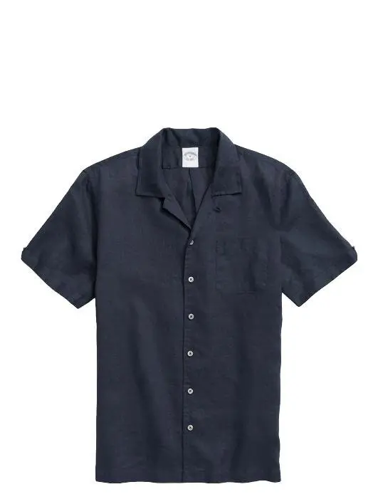 Brooks Brothers Irish Linen Camp Collar Short-sleeve Sport Shirt - Navy