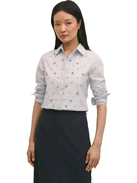 Brooks Brothers Cotton Poplin Embellished Pinstripe Shirt - Blue