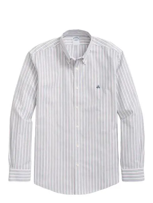 Brooks Brothers Stretch Cotton Non-iron Oxford Polo Button Down Collar, Triple Stripe Shirt - Blue