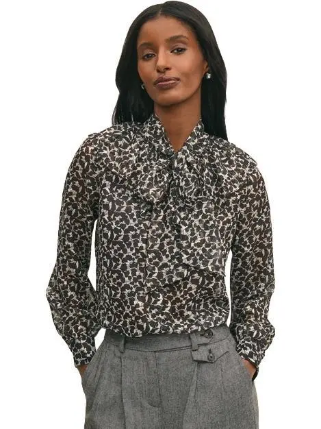 Brooks Brothers Leaf-print Jacquard Bow-neck Blouse - Black