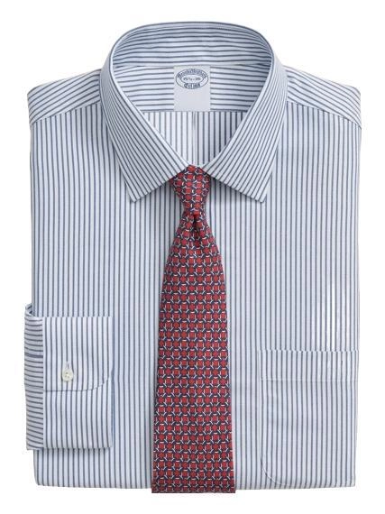 Brooks Brothers Explorer Collection Non-iron Twill Ainsley Collar, Stripe Dress Shirt - Navy
