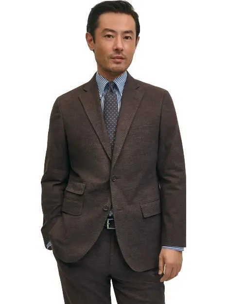 Brooks Brothers Slim Fit Mini-houndstooth Suit Jacket In Brushed-cotton - Brown