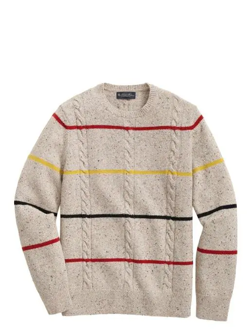 Brooks Brothers Merino Wool Donegal Stripe Cable Knit Sweater - Beige