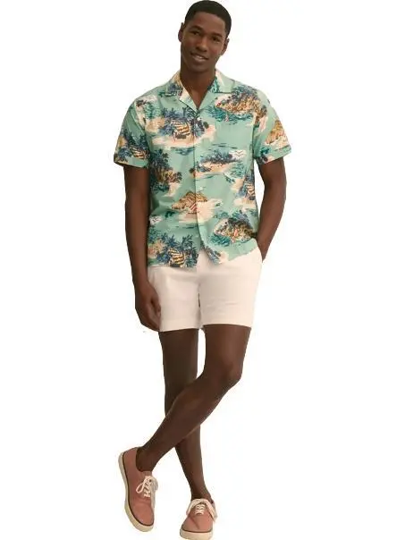 Brooks Brothers Cotton Camp Collar, Island Motif Short-sleeve Shirt - Blue