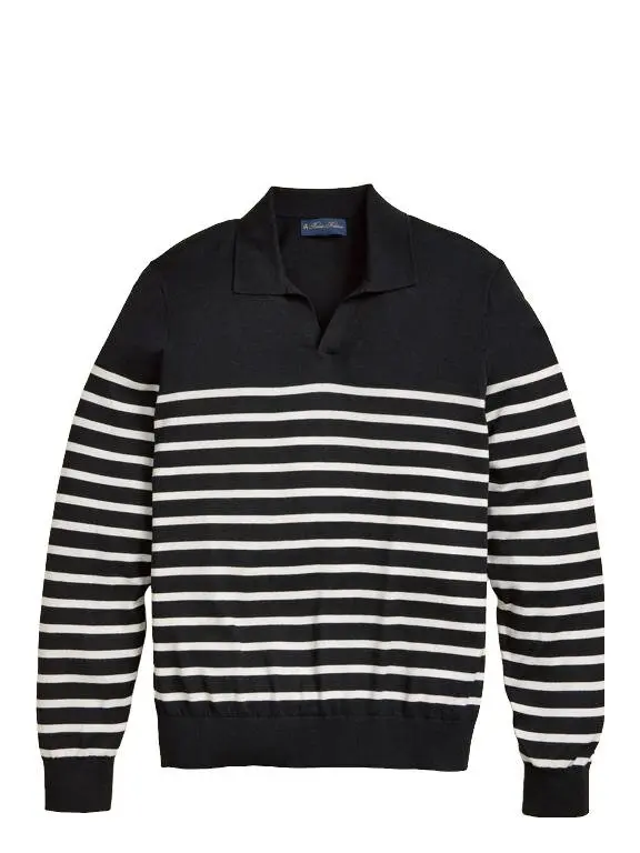 Brooks Brothers Supima Cotton Mariner Stripe Johnny Collar Sweater - Black