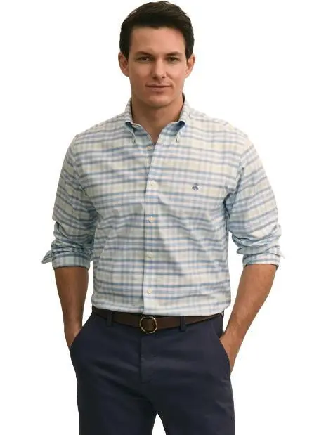 Brooks Brothers Stretch Cotton Non-iron Oxford Polo Button Down, Plaid Sport Shirt - Blue