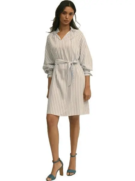 Brooks Brothers Viscose Pullover Striped Belted Shirt Dress - Blue