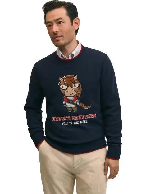 Brooks Brothers Merino Wool-blend Intarsia Crewneck Sweater With Horse Design - Navy