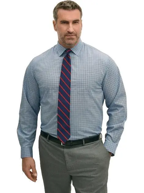 Brooks Brothers Big & Tall Stretch Cotton Broadcloth Non-iron Ainsley Collar Windowpane, Dress Shirt - Blue