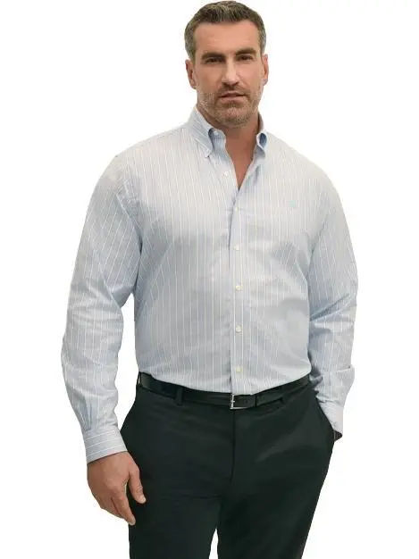 Brooks Brothers Big & Tall Stretch Cotton Non-iron Oxford Polo Button Down Collar, Outline Stripe Shirt - Hydrangea