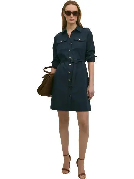 Brooks Brothers Cotton Blend Twill Belted Shirt Dress - Navy