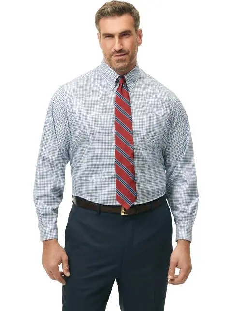 Brooks Brothers Stretch Supima Cotton Non-iron Twill Polo Button Down Collar, Bold Check Dress Shirt - Navy