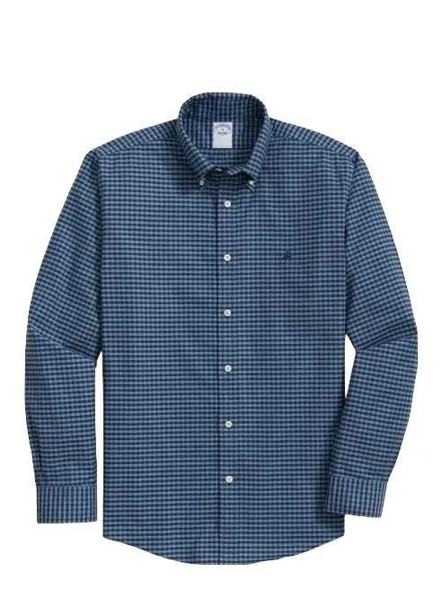 Brooks Brothers Stretch Cotton Non-iron Oxford Polo Button Down Collar, Gingham Shirt - Blue