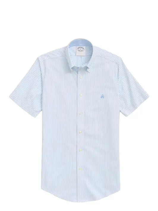 Brooks Brothers Stretch Non-iron Oxford Button-down Collar, Bengal Stripe Short- Sleeve Sport Shirt - Blue