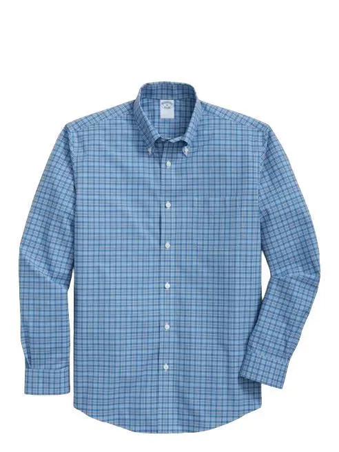 Brooks Brothers Stretch Cotton Non-iron Polo Button Down Collar, Checked Shirt - Blue