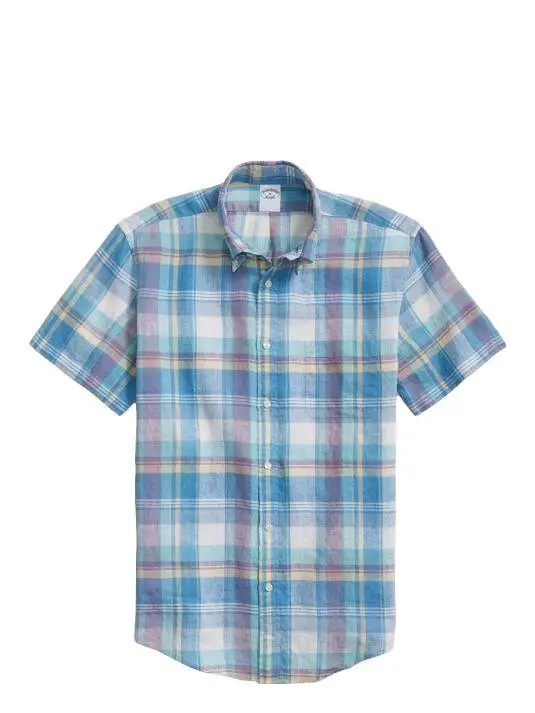 Brooks Brothers Irish Linen Polo Button Down Collar, Checked Short-sleeve Shirt - Blue