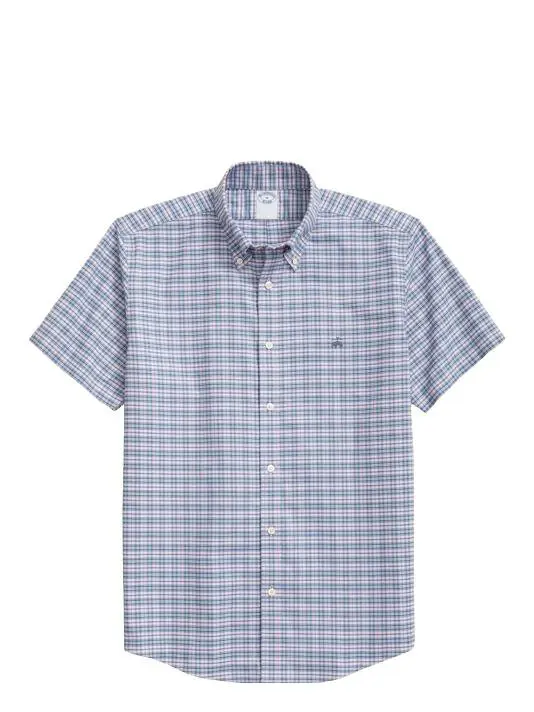 Brooks Brothers Stretch Cotton Non-iron Oxford Polo Button-down Collar, Plaid Short-sleeve Shirt - Pink