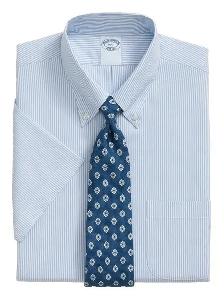 Brooks Brothers Stretch Supima Cotton Non-iron Polo Button Down Collar, Mini Stripe Short-sleeve Dress Shirt - Hydrangea