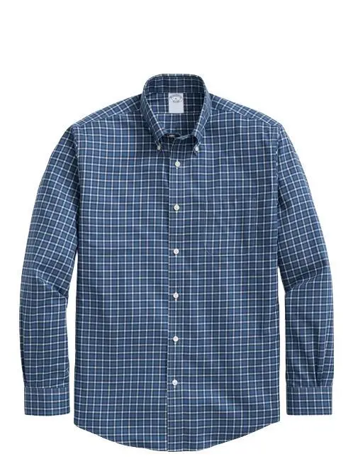 Brooks Brothers Stretch Supima Cotton Non-iron Oxford Polo Button Down Collar Windowpane Shirt - Dark Blue