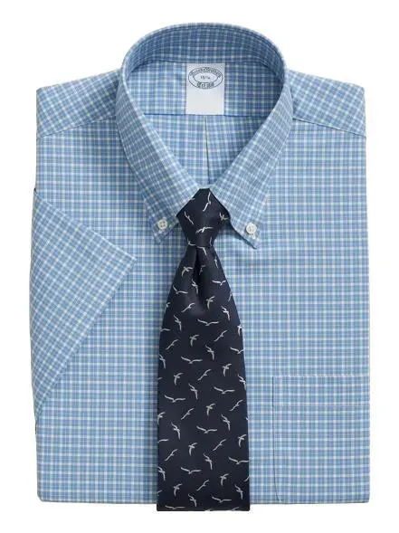 Brooks Brothers Stretch Supima Cotton Non-iron Broadcloth Polo Button-down Collar, Checked Short-sleeve Dress Shirt - Blue